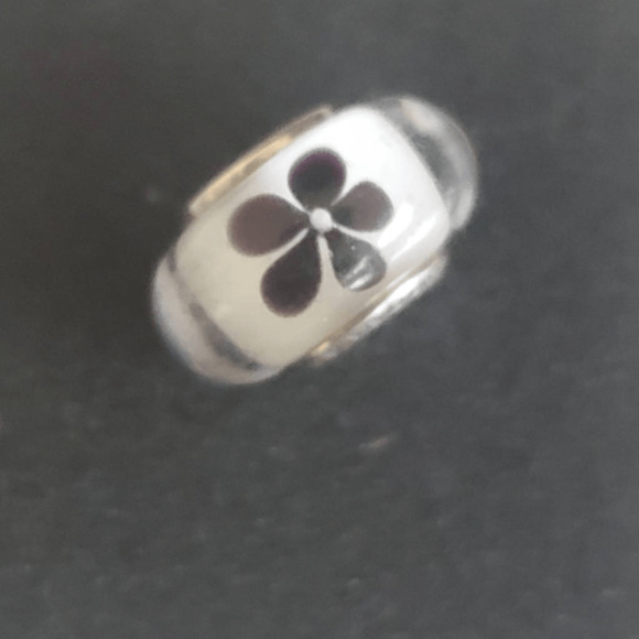 Pandora | Jewelry | Pandora White Murano Glass Charm With Black Flower ...